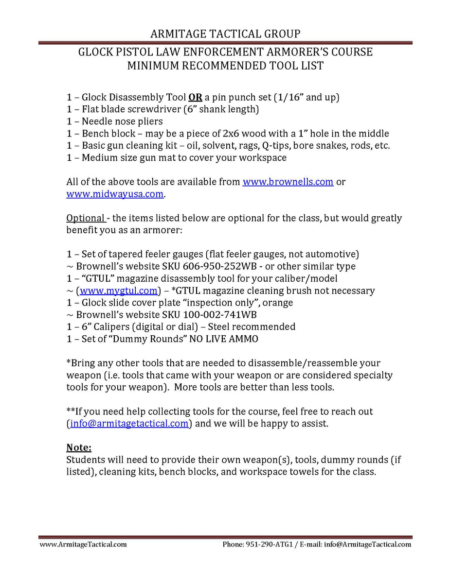 2025/05/09 - Glock LE Armorer's Course - Commerce, CA – Armitage Tactical